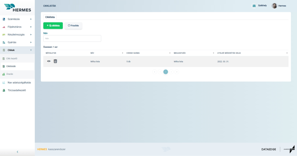 CIKKLISTÁK MENÜPONT – DataEdge