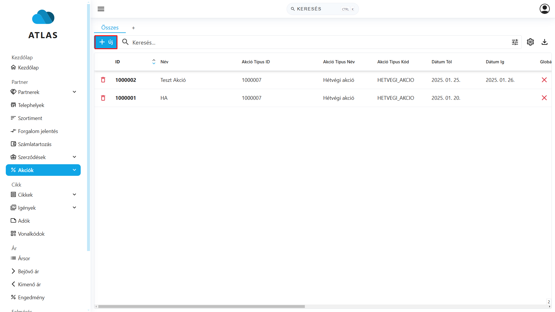 AKCIÓK MENÜPONT – DataEdge